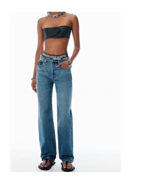 Alexander Wang Logo Waistband Layered Wide Leg Jeans - Indigo
