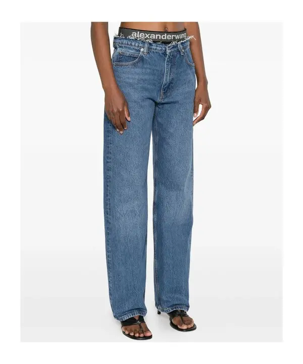 Alexander Wang Logo Waistband Layered Wide Leg Jeans - Indigo