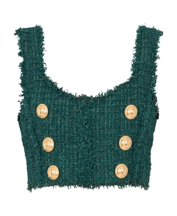 Balmain Tweed Crop Top - Green