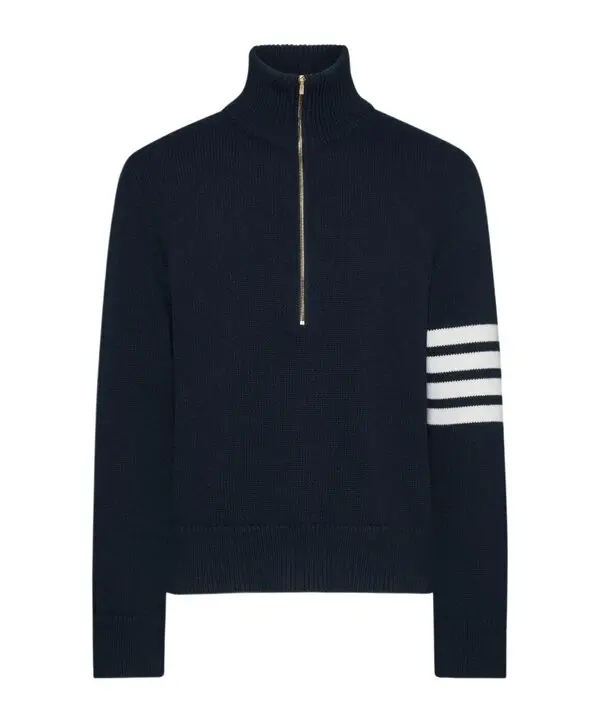 Thom Browne Half-zip Funnel Neck Jumper With Signature Striping - Navy