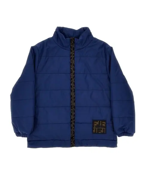 Fendi Quilted Logo Plaque Zip-up Jacket - Blue