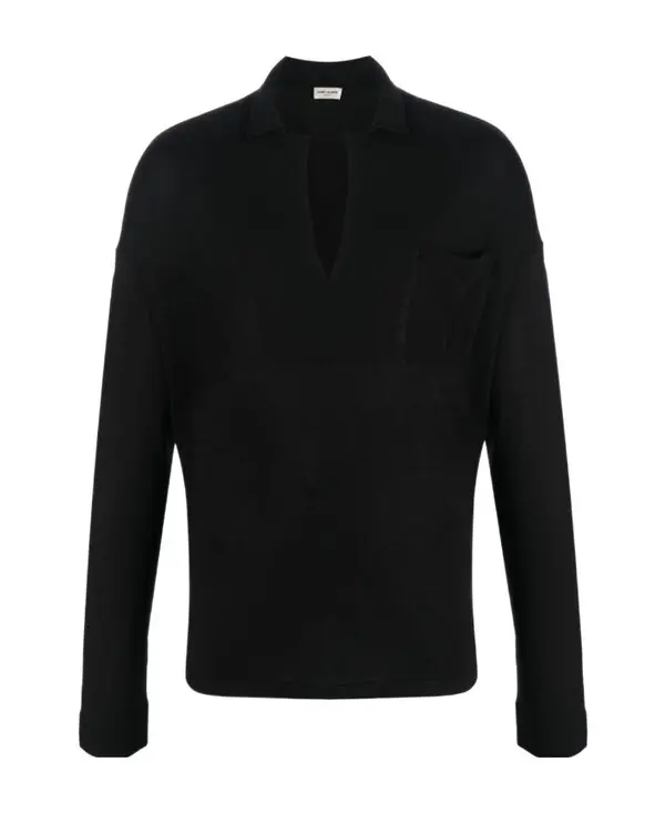 Saint Laurent V-neck Long Sleeve Sweatshirt With Lapel Collar And Chest Pocket - Black