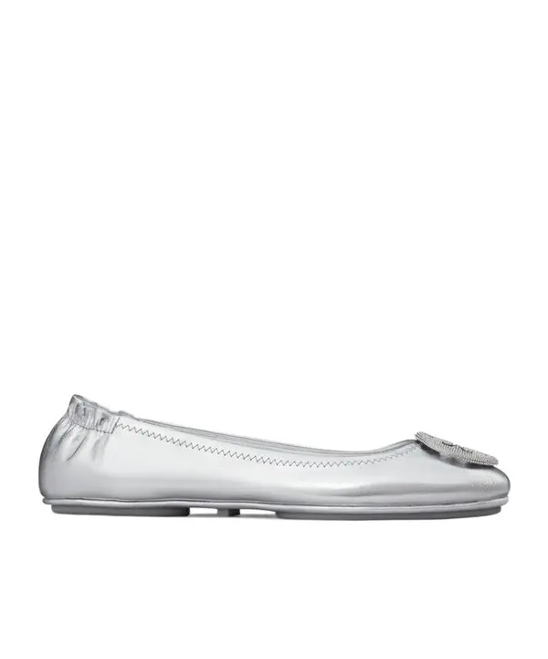 Tory Burch Pleated Metallic Leather Ballet Flats With Logo Applique
