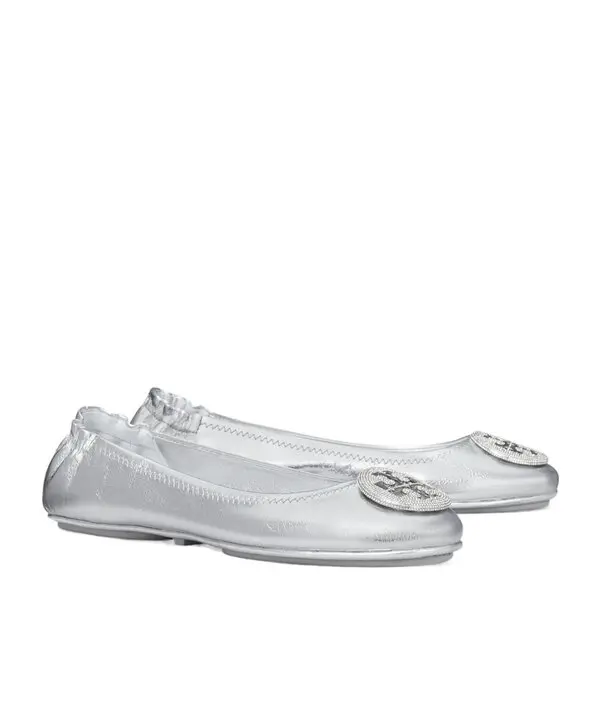 Tory Burch Pleated Metallic Leather Ballet Flats With Logo Applique