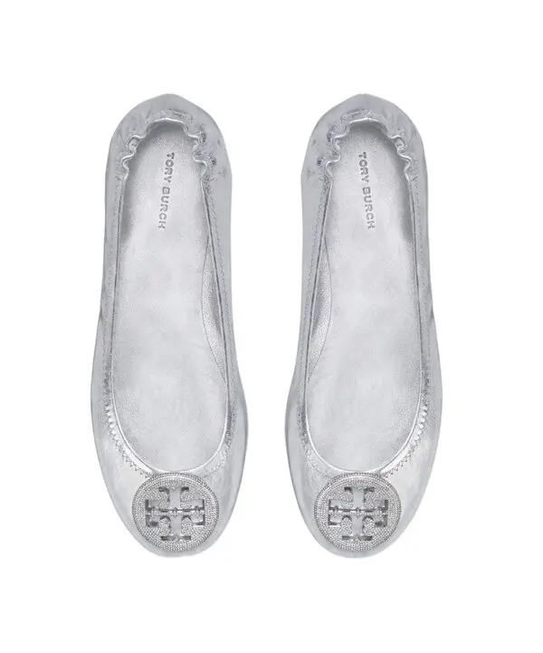 Tory Burch Pleated Metallic Leather Ballet Flats With Logo Applique