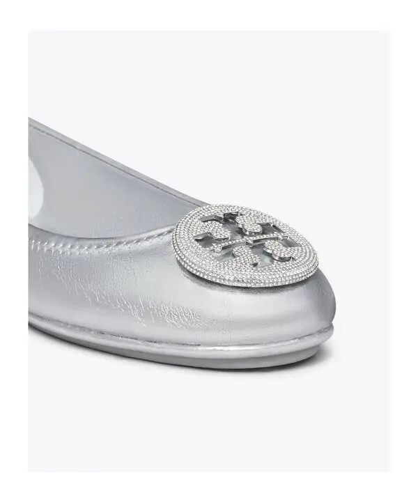 Tory Burch Pleated Metallic Leather Ballet Flats With Logo Applique