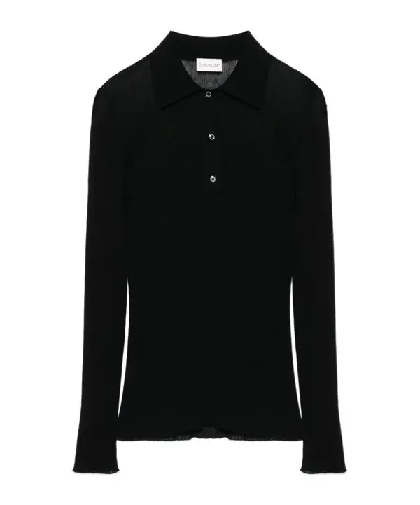 Moncler Long-sleeved Fine Ribbed Polo Top - Black