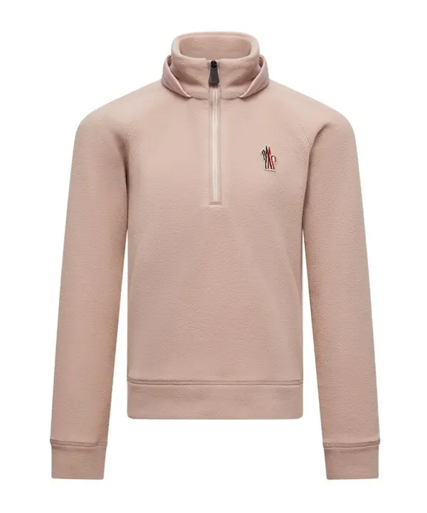 Moncler Half-zip Fleece Sweatshirt With Stand Collar And Logo - Pink