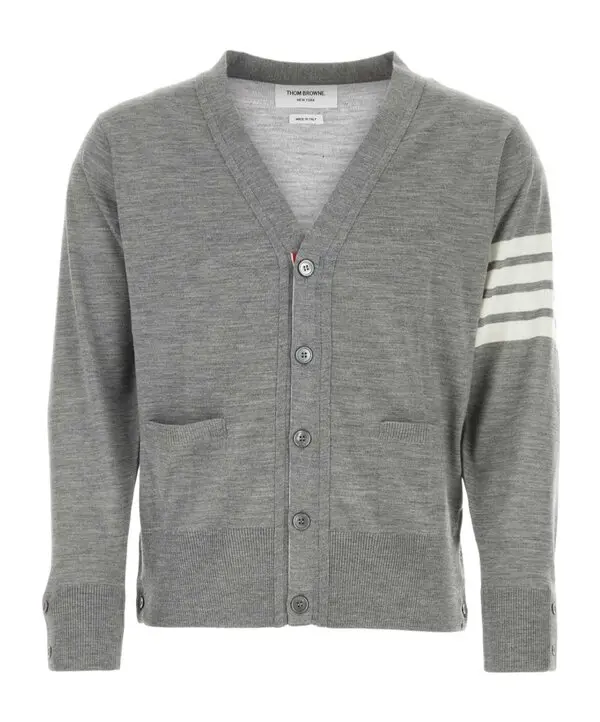 Thom Browne 4-bar V-neck Knitted Cardigan - Light Grey
