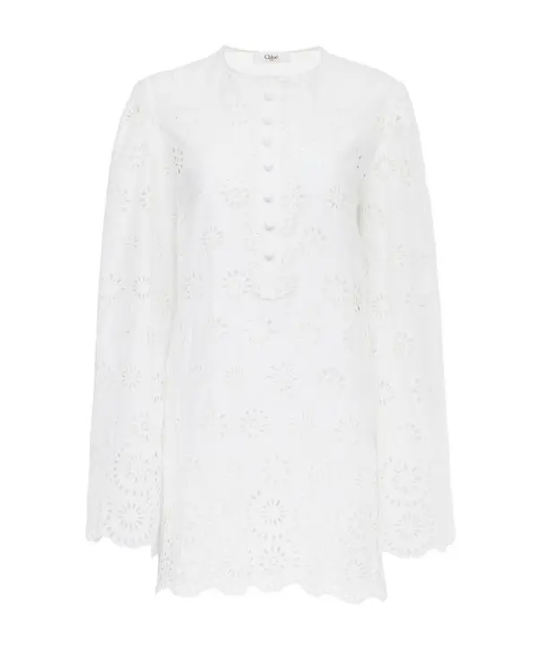 Chloé Long-sleeved Broderie Anglaise Mini Dress - White