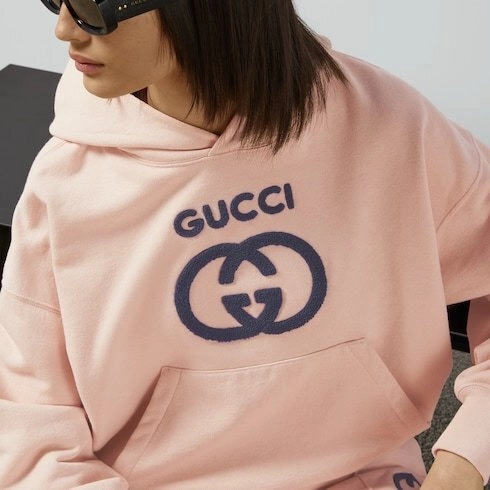 Gucci Logo Embroidered Jersey Hoodie - Pink