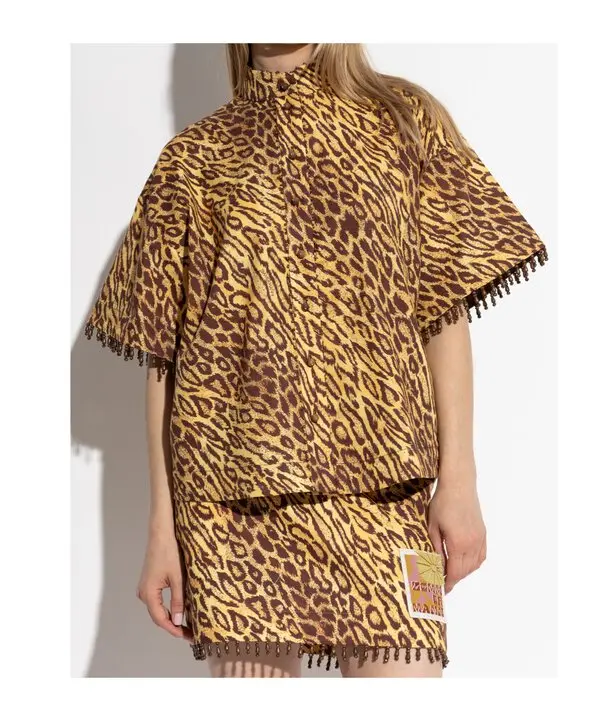 Zimmermann Coco Leopard Printed Beaded Fringe Shirt - Brown