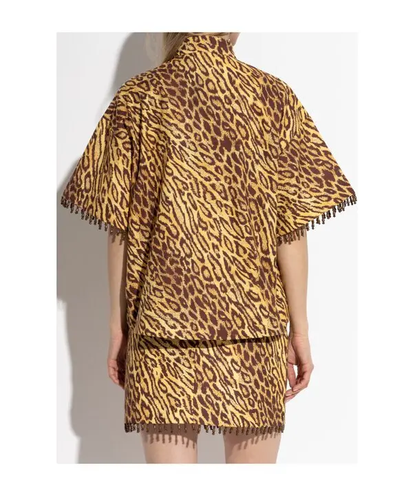 Zimmermann Coco Leopard Printed Beaded Fringe Shirt - Brown