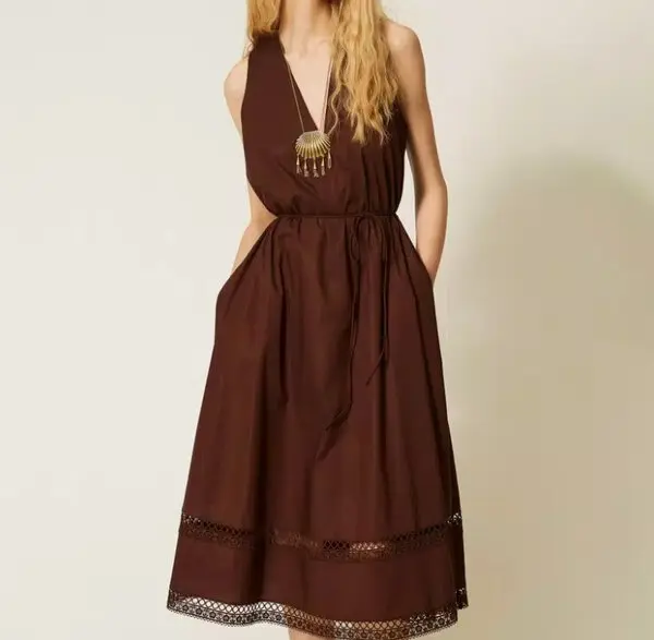TWINSET Poplin Long Dress With V-neck And Belted Waist - Brown