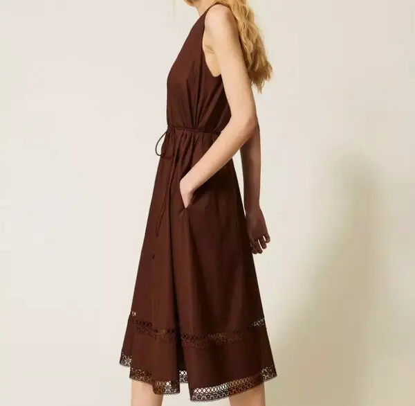 TWINSET Poplin Long Dress With V-neck And Belted Waist - Brown