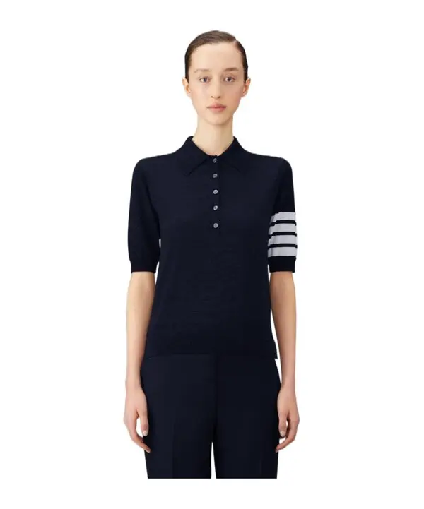 Thom Browne 4-bar Button Detail Short Sleeve Polo - Blue