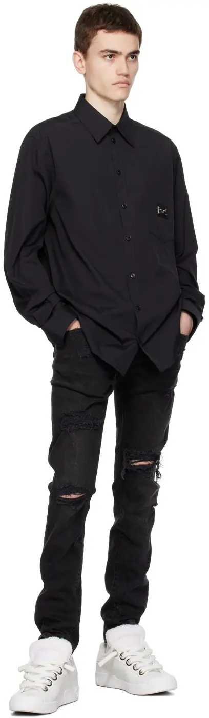 Dolce & Gabbana Logo Plaque Distressed Jeans - Black