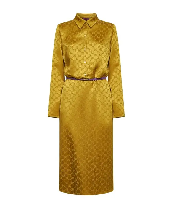 Gucci Gg Jacquard Long Sleeve Dress With Belt - No