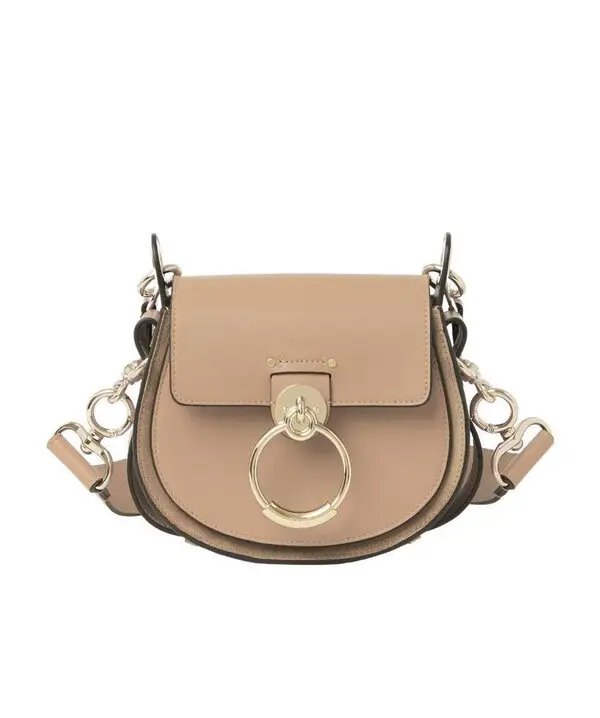 Chloé Tess Logo Embossed Ring Embellished Shoulder Bag - Nude