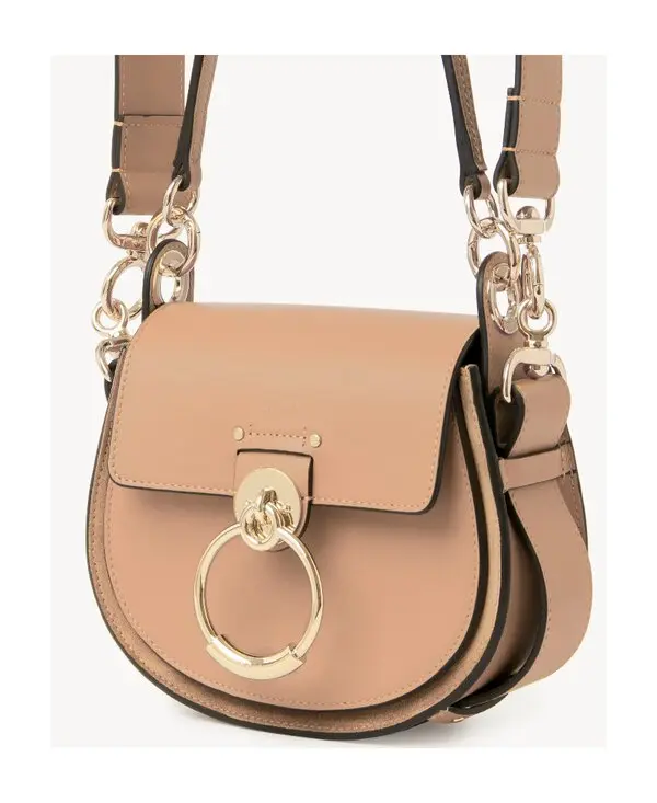 Chloé Tess Logo Embossed Ring Embellished Shoulder Bag - Nude