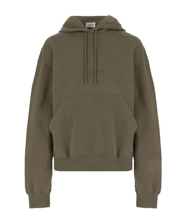 Saint Laurent Logo Embroidered Drawstring Hoodie - Khaki