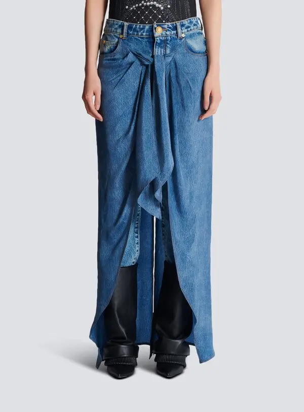 Balmain Draped Denim Skirt Jeans