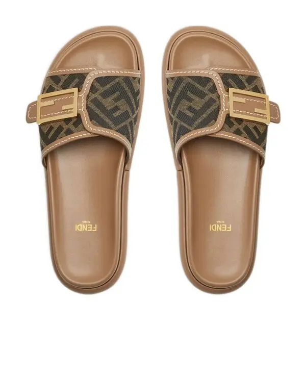 Fendi Wide-band Flat Slides With Ff Baguette Buckles