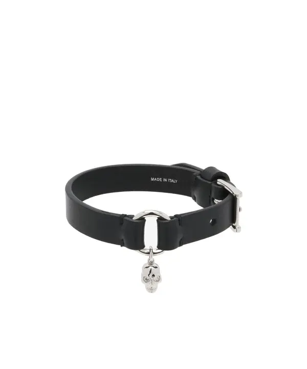 Alexander McQueen Skull Charm Leather Bracelet - Black