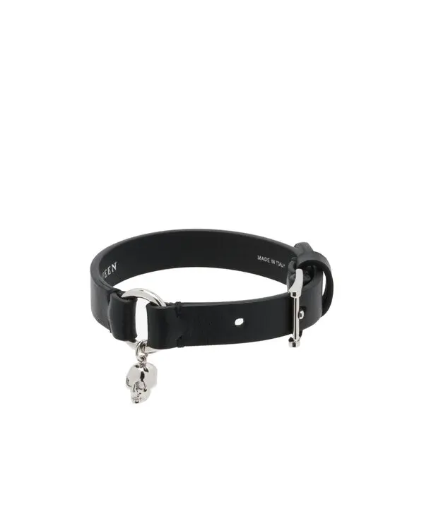Alexander McQueen Skull Charm Leather Bracelet - Black