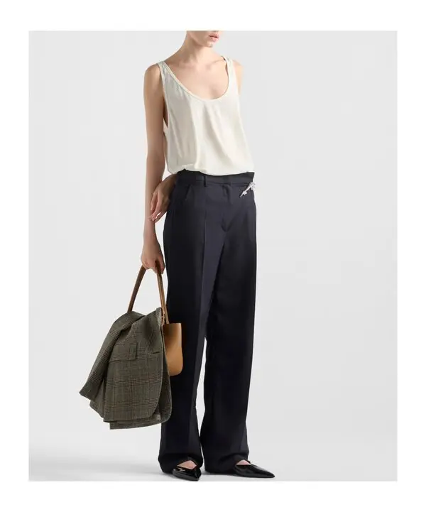 Prada High-waisted Tailored Trousers With Jewel Brooch Detail