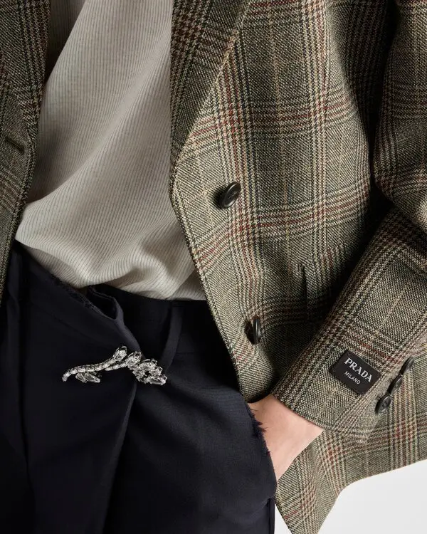 Prada High-waisted Tailored Trousers With Jewel Brooch Detail