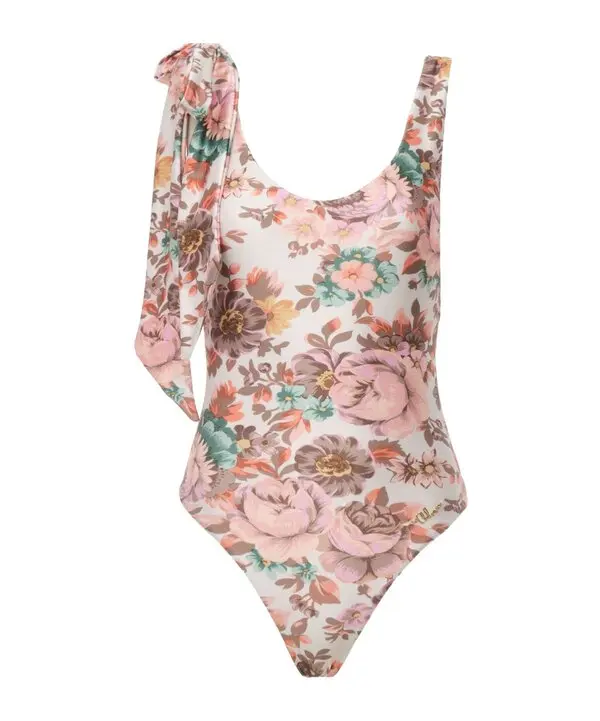 Chloé Bow-embellished Floral-print One-piece Swimsuit - Muddy Gray