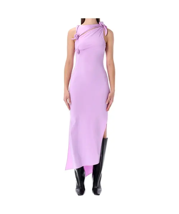 Coperni Sleeveless Midi Dress With Floral Decorations And Tie Details - Pink