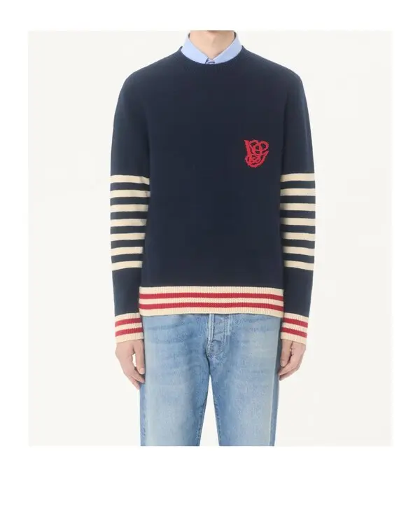 Valentino Garavani Striped Crewneck Jumper With Embroidered Detail - Navy/burro