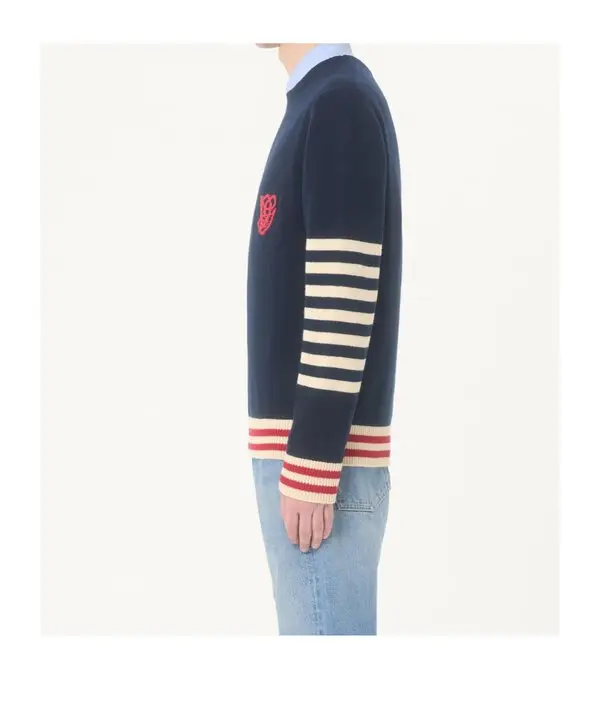 Valentino Garavani Striped Crewneck Jumper With Embroidered Detail - Navy/burro