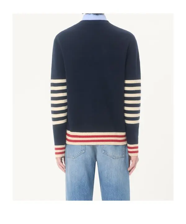 Valentino Garavani Striped Crewneck Jumper With Embroidered Detail - Navy/burro