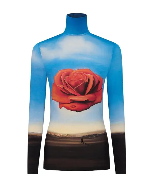 Rabanne Rose Print High Neck Long Sleeve Top