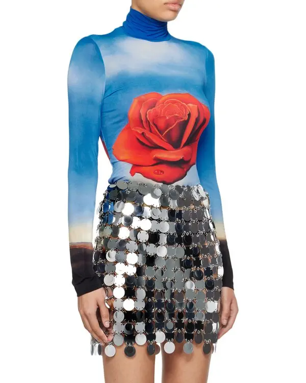 Rabanne Rose Print High Neck Long Sleeve Top