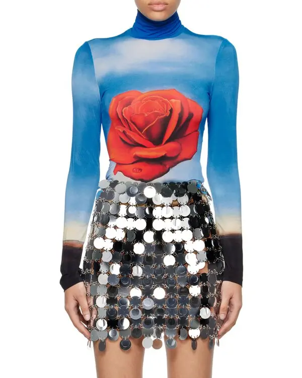 Rabanne Rose Print High Neck Long Sleeve Top