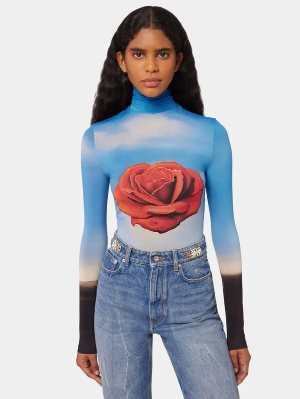 Rabanne Rose Print High Neck Long Sleeve Top