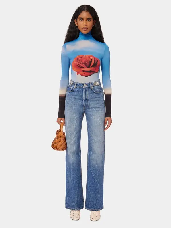 Rabanne Rose Print High Neck Long Sleeve Top