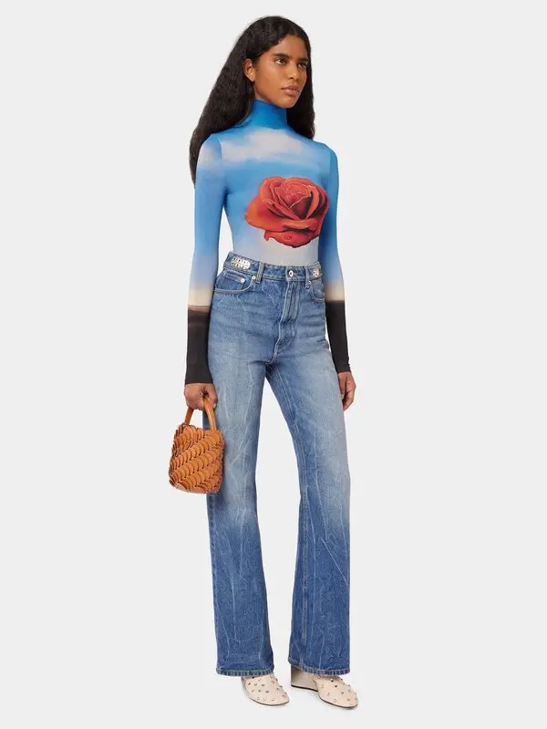 Rabanne Rose Print High Neck Long Sleeve Top