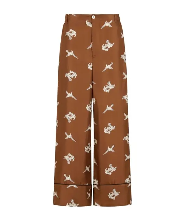 Marni Brown Silk Twill Trousers With Raven Print