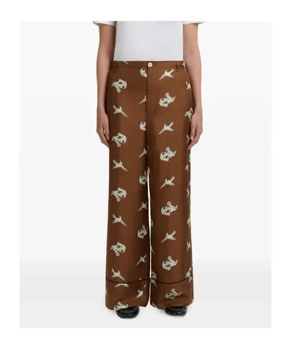 Marni Brown Silk Twill Trousers With Raven Print