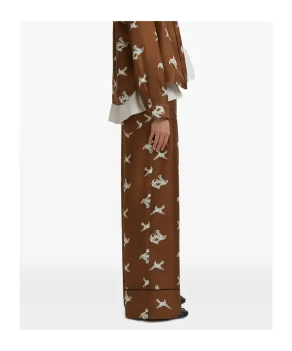 Marni Brown Silk Twill Trousers With Raven Print
