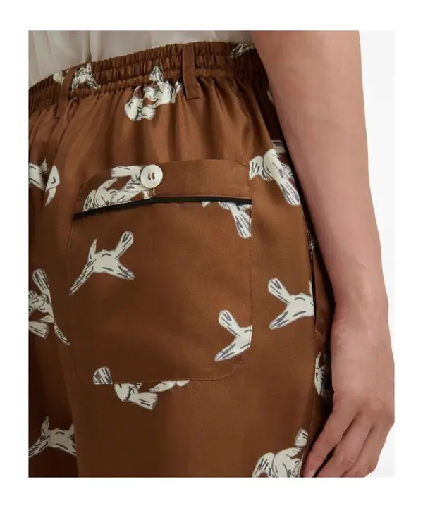 Marni Brown Silk Twill Trousers With Raven Print