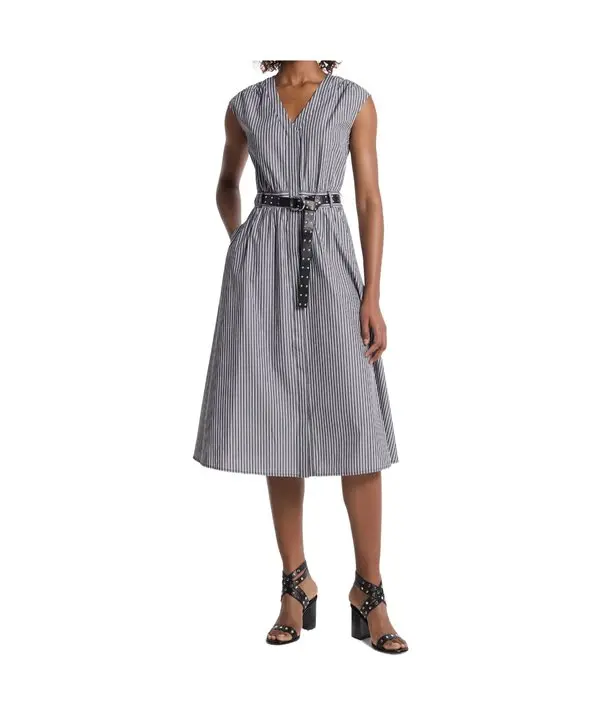 Michael Kors Striped Poplin Belted Midi Dress