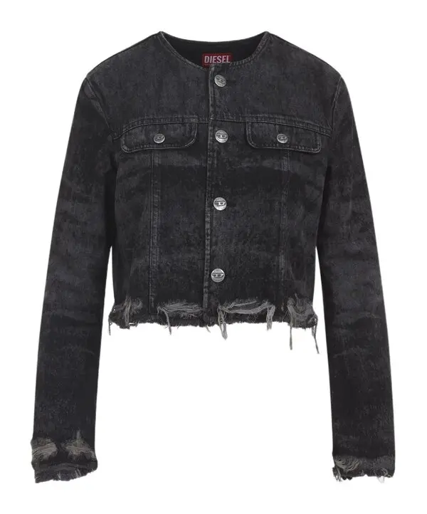 DIESEL® Long-sleeved Denim Jacket With Frayed Hem - Black