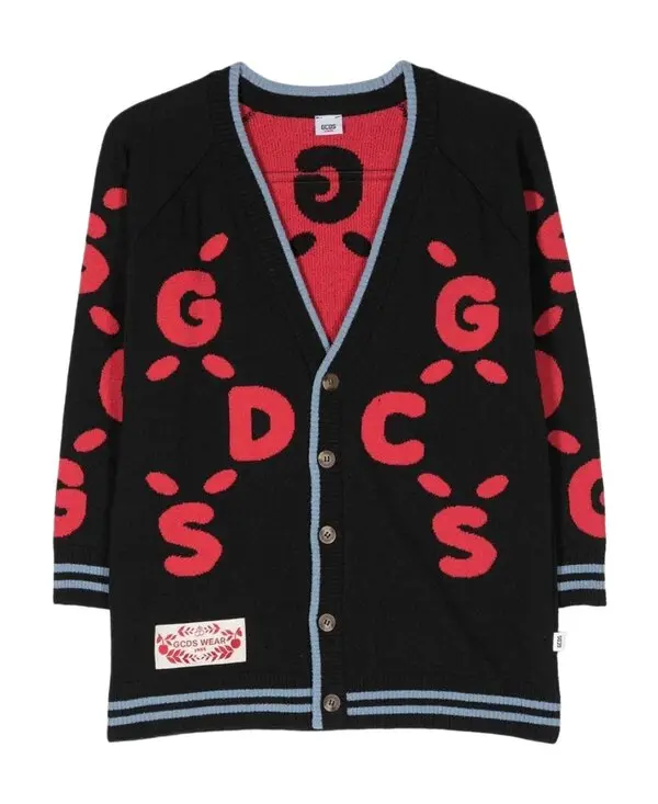 Gcds Long-sleeved V-neck Knitted Cardigan With Contrast Stripe Edging - Black