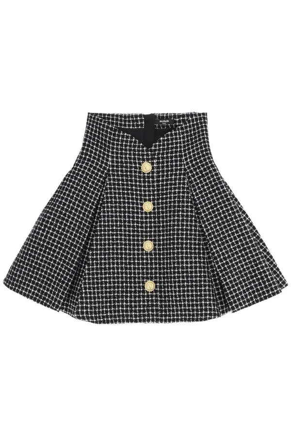Balmain Checkered Tweed Tulip Mini Skirt